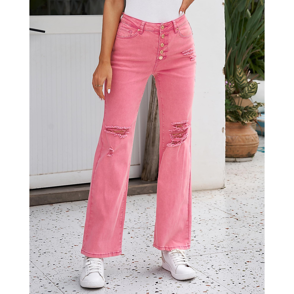 LookbookStore Womens Boot Cut Bottom Jeans Mid Rise Women Distressed Jeans Cut Out Flare Pants Fashion Jeans for Women Brillant White Size Large Fits Size 12 / Size 14