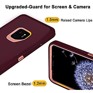 Annymall for Samsung Galaxy S9 Case with Screen Protector, Full Body Heavy Duty Shockproof Drop-Proof Phone Case Rugged Triple-Layer Defender Protective Cover for Samsung Galaxy S9 (Wine/Pink)