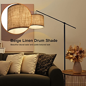 SURAIELEC Arc Floor Lamp, Overhang Cantilever Standing Floor Lamp for Couch, Sofa, Reading, Living Room, Bedroom, Adjustable Balance Arm, Natural Linen Drum Shade, Matt Black Metal Pole, Foot Switch