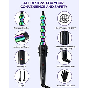 5 in 1 Curling Wand Set: Ohuhu Curling Iron Wand 5Pcs 0.35 to 1.25 Inch Interchangeable Ceramic Barrel Heat Protective Glove 2 Clips Dual Voltage Hair Curler for Girls Women Rainbow