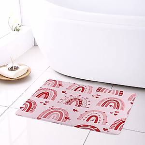 LB Valentines Day Bathroom Rug Boho Rainbow with Love Heart Bath Mat Romantic Pink and Red Striped Doormat Non Slip Memory Foam Super Absorbent Floor Mats,24Wx16H Inch