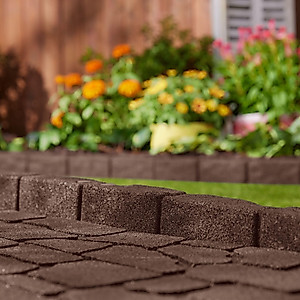 Rubberific 4' Rubber Cobblestone Flexible No Dig Landscape Mulch Border Edging with Anchoring Spikes for Lawns, Gardens, and Flower Beds - 4 Pack (Brown)