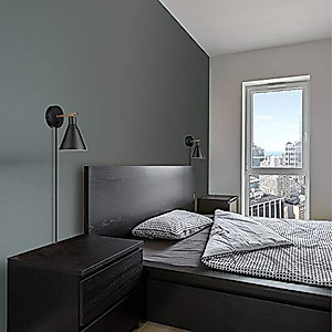 Globe Electric 51725 1-Light Dimmable Plug-in or Hardwire Wall Sconce, Matte Black, Faux Walnut Accent, Stepless Dimming Rotary Switch on Canopy, Black Fabric Cord, Wall Lights for Bedroom Plug in