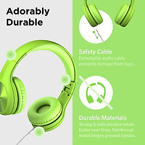 LilGadgets Connect+ Pro Kids Headphones with Mic and Cord, SharePort Technology, Over-Ear Foldable Headset, Volume Limit 93db, Wired Inline 3.5mm Jack for School- Green