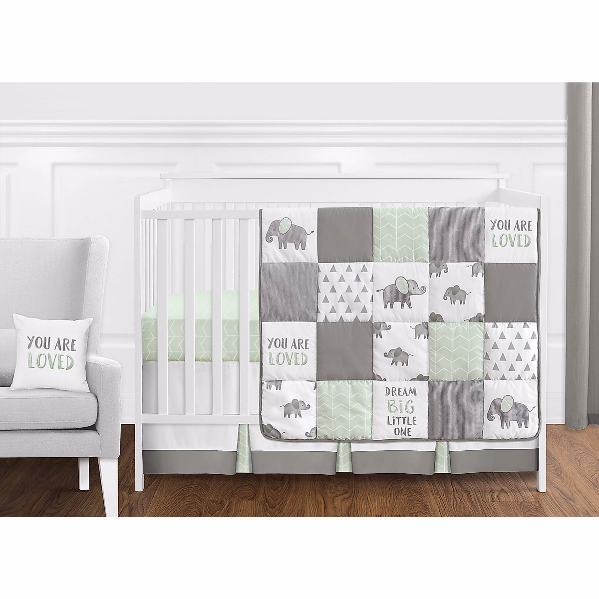 Sweet Jojo Designs Mint, Grey and White Watercolor Elephant Safari Baby Unisex Crib Bedding Set - 11 pieces