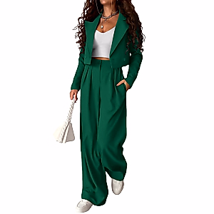 PRETTYGARDEN Women's 2 Piece Casual Outfits Cropped Blazer Jackets High Waisted Wide Leg Work Pants Suit Set (Green,Medium)