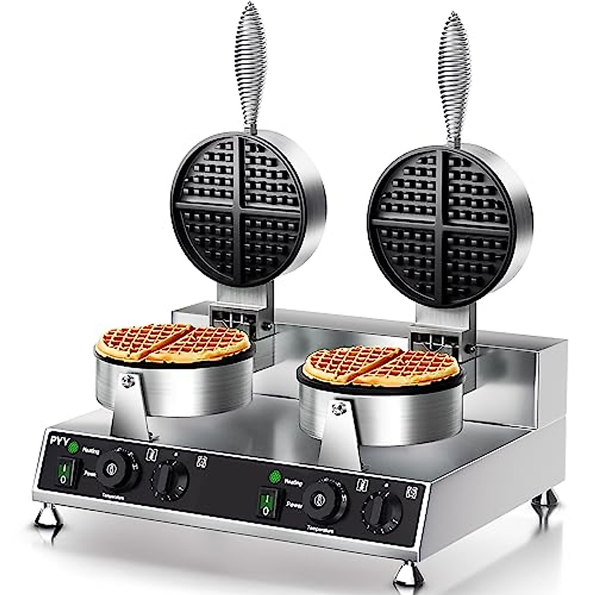 Commercial Waffle Maker PYY Double Waffle Maker Large Stainless Steel Waffle Maker Silver Non-stick Electric Chaffle Maker for Restaurant Party Food Stall
