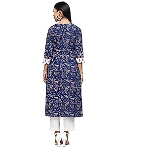 Indian Women's Girls Tunic Tops Crepe Floral Print Straight Kurti Kurta (as1, alpha, x_l, regular, regular) Blue