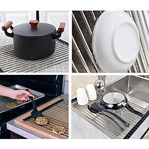 Roll up Dish Drying Rack RV Folding Over Sink 304 Stainless Steel in Kitchen Dish Drainer Heat Resistant Mat Multipurpose Portable Dish Trainer,Black,17x12inches