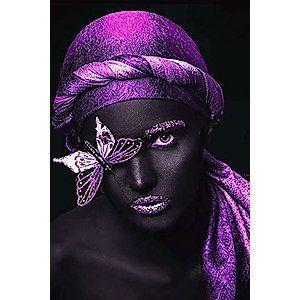 Siufgak Black Women Canvas Wall Art African American Purple Turban Butterfly Poster Black Art Fashion Contemporary Artwork For Living Room Bedroom (16"X24" Unframed)