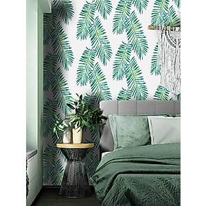 HOYOYO Tropical Shrub Leaves Self-Adhesive Liner Paper, White, greens Tropical Shrub Leaves Removable Peel and Stick Dresser Cabinets Furniture Table Desk Home Decor 17.8 x 118 inch