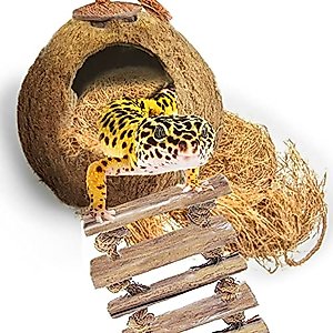 SunGrow Leopard Gecko Coconut Husk Hut with Ladder and Coco Fiber Bedding, with Shell Opening, 2.5” Opening Diameter, Cave Habitat with Hanging Loop, 1.5 oz Fiber Bedding