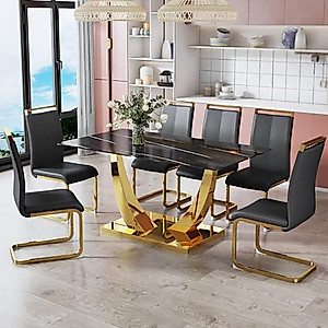 Maotifeys Luxury Black Faux Marble Dining Table Set for 6, Modern Kitchen Table with 6 Black Leather Dining Chairs 7-Piece Dining Table and Chairs for 6 with Polished Gold Metal Legs