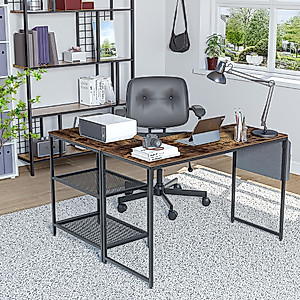 VECELO L Shaped Computer Desk with Storage Bag & Reversible Shelves, 47" PC Wooden Table for Home Office Bedroom, Writing Study Workstation with Metal Frame, Brown