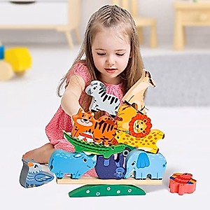 Jade Hare 14 Pcs Wooden Animal Blocks,Stacking Animals Balance Block Toys, Montessori Toys for 3-5 Years Toys Toddlers 1-3 and 2-4 Years Old Boys Girls Birthday Gift Preschool Educational Toys