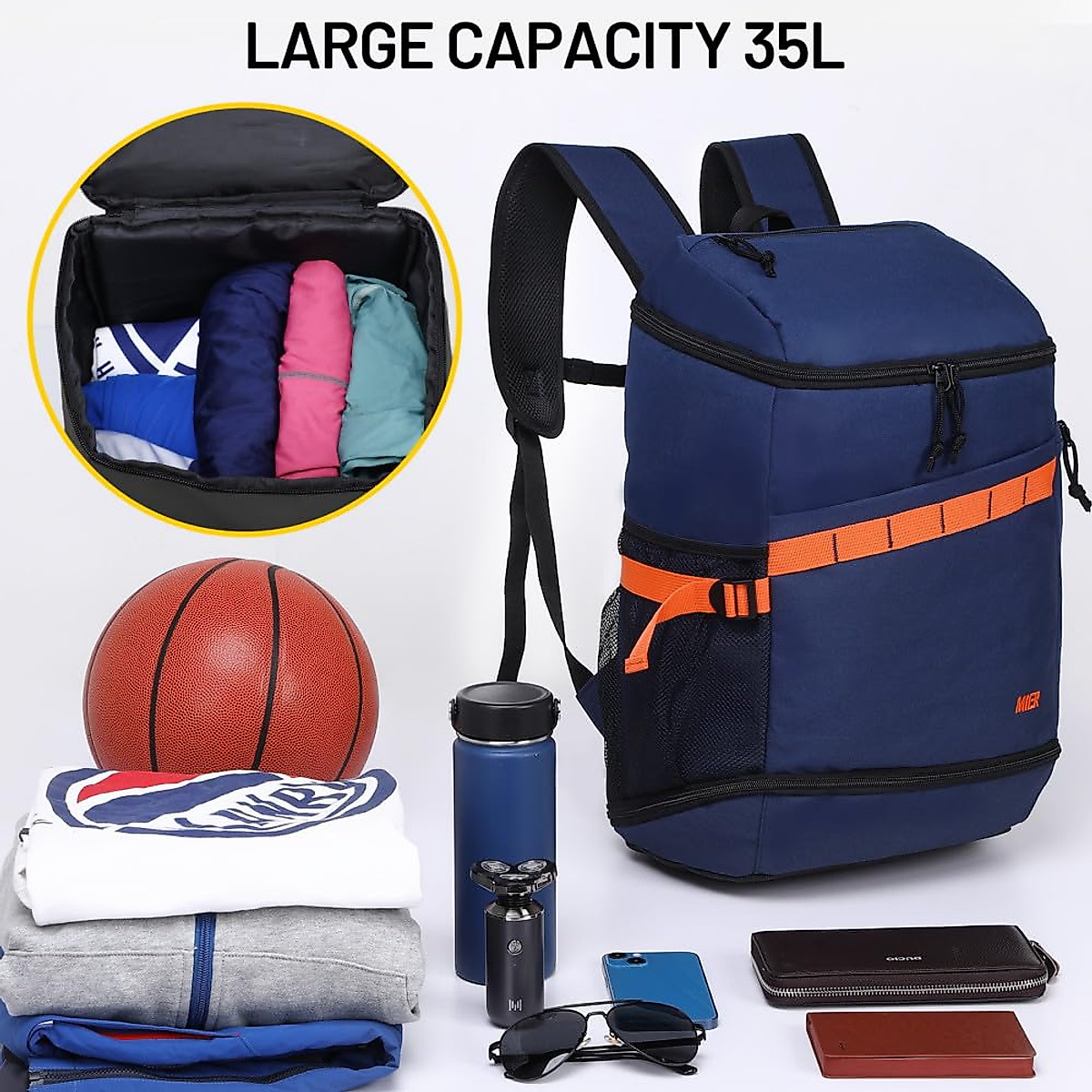 MIER Basketball Backpack Soccer Bag with Shoes/Ball Compartment, Large Sports Back Pack Equipment Bag for Men Women Athletes, 35L, Blue