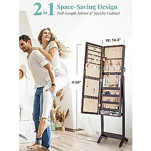 LUXFURNI LED Light Jewelry Cabinet Standing Full Screen Mirror Makeup Lockable Armoire, Large Cosmetic Storage Organizer w/Brush Holder (Black)