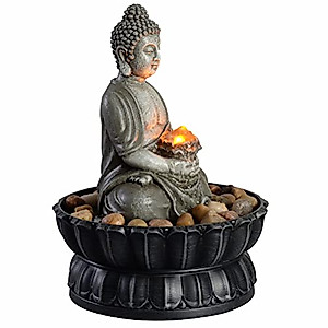 Haobos 9.4" Indoor Tabletop Fountain Exquisite Sitting Buddha Fountains Desk Water Fountain Decorative Zen Fountain w/Reflective Lighting/Cobblestone Office and Home Decor(21125B)
