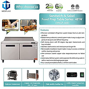 WESTLAKE 48" W 2 Door Refrigerator Sandwich&Salad Prep Table Commercial Stainless Steel Counter Fan Cooling Refrigerator with 12 pans-48 Inches for Restaurant, Bar, Shop, etc