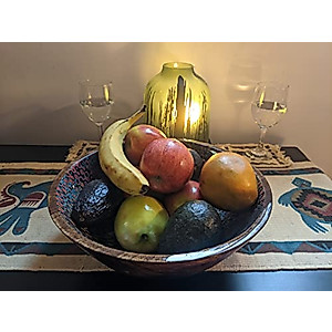 Decorative Wooden Bowl with Server Spoons - Mango Wood Enamel Serving Bowls for Mixing Fruit Salad Pasta Popcorn Cereal Soup 12" Diameter - Large Centerpiece Dish