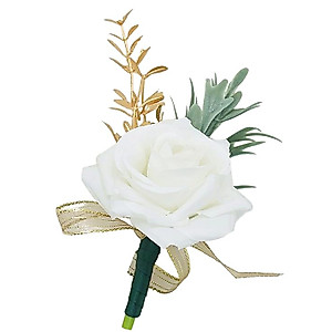 DESUNESS Ivory Rose Wrist Corsage Wristlet Band Bracelet and Men Boutonniere Set with Dark Green Ribbin for White Wedding Flower Accessories Prom Suit Decorations