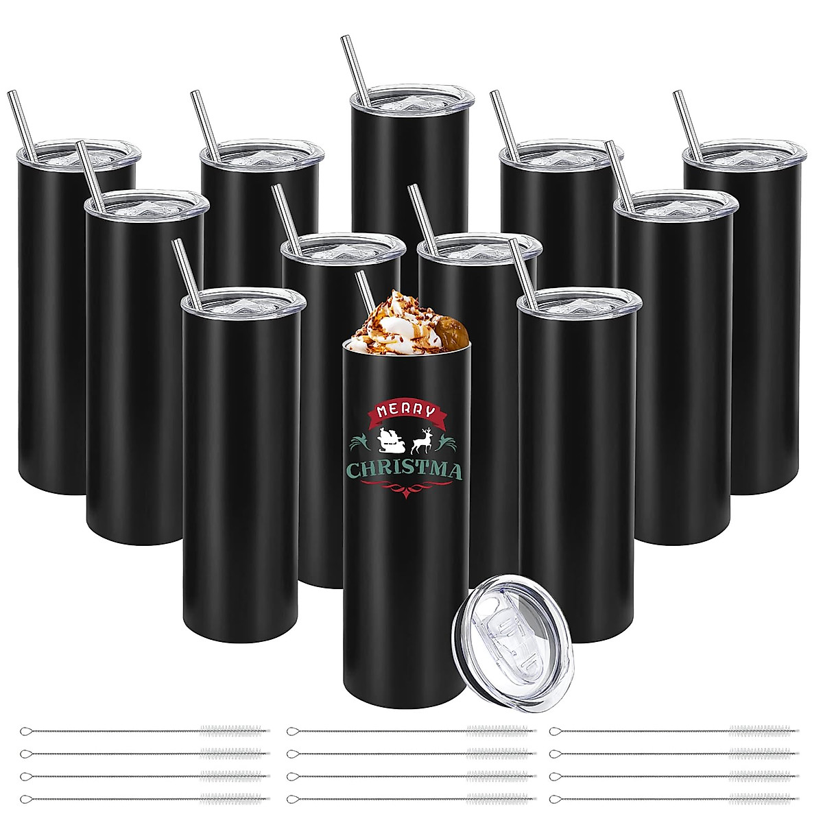 YOUKE OLA 12 Pack Stainless Steel Skinny Tumblers Bulk Straight Double Wall Insulated Tumbler with Lid and Straw for, DIY, Black, 20oz