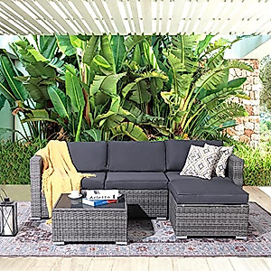 Patiorama 5 Piece Outdoor Patio Furniture Set, Outdoor Sectional Conversation Set, All-Weather Grey PE Wicker w/Dark Grey Cushions, Outdoor Backyard Porch Garden Poolside Balcony Furniture Set