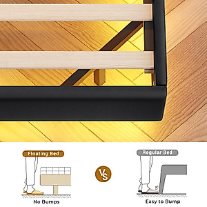 BTHFST Floating Bed Frame Queen Size with Charging Station & Hidden Storage Headboard, RGB Floating Platform Bed, No Box Spring Needed, PU Black