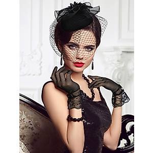 JenPen 4 Pcs Fascinator Hat for Women Tea Party Headwear Feathers Veil Mesh Headband Floral Short Lace Gloves 20s 50s Costume Accessories for Wedding Black