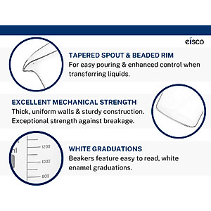 EISCO Heavy Duty Beaker, 1000ml - 5mm Thick, Uniform Walls - Superior Durability & Chemical Resistance - White Graduations - Borosilicate 3.3 Glass