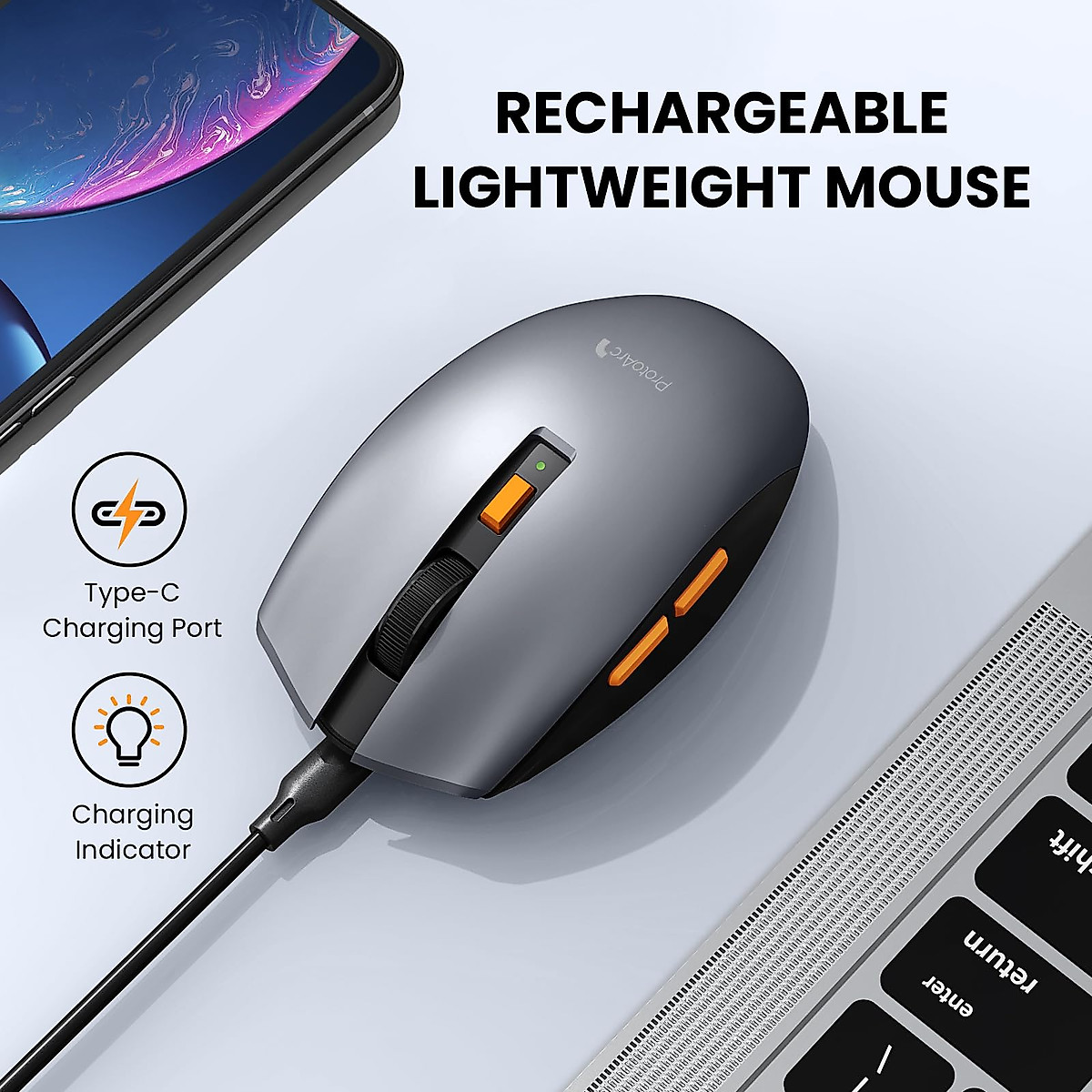 ProtoArc Solight Wireless Bluetooth Mouse, 55g Lightweight Mouse Wireless, 2.4G Cordless Quiet Rechargeable Mouse With 3 Device Connection, 3 Adjustable Dpi, Skeleton Design For Pc, Ipad, Mac, Windows