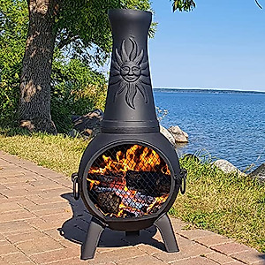 Sun Fire Outdoor Chiminea Fireplace by The Blue Rooster - Rust-Free Cast Aluminum Deck or Patio Firepit