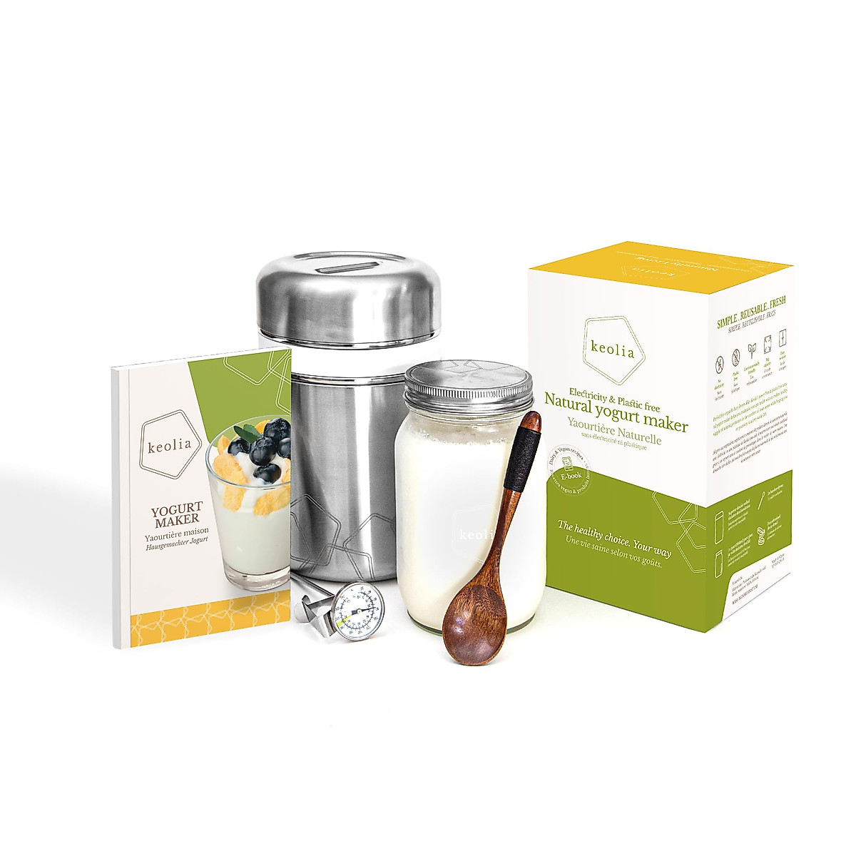 Keolia Yogurt Maker Machine, 1 Quart Glass Yogurt Maker Jars with Recipe Book and Accessories to Make Yogurt, Homemade Dairy Free Yogurt Culture, Stainless Steel Yoghurt Maker with Dairy Jars