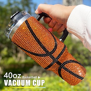 Cupcupmore 40oz Basketball Bling Rhinestone Stainless Steel Sippy Tumbler Glitter Vacuum Insulated Water Bottle with Straw & Lid &Handle,Thermos for Hot & Cold Drinks,Car Cup Holder,Coffee