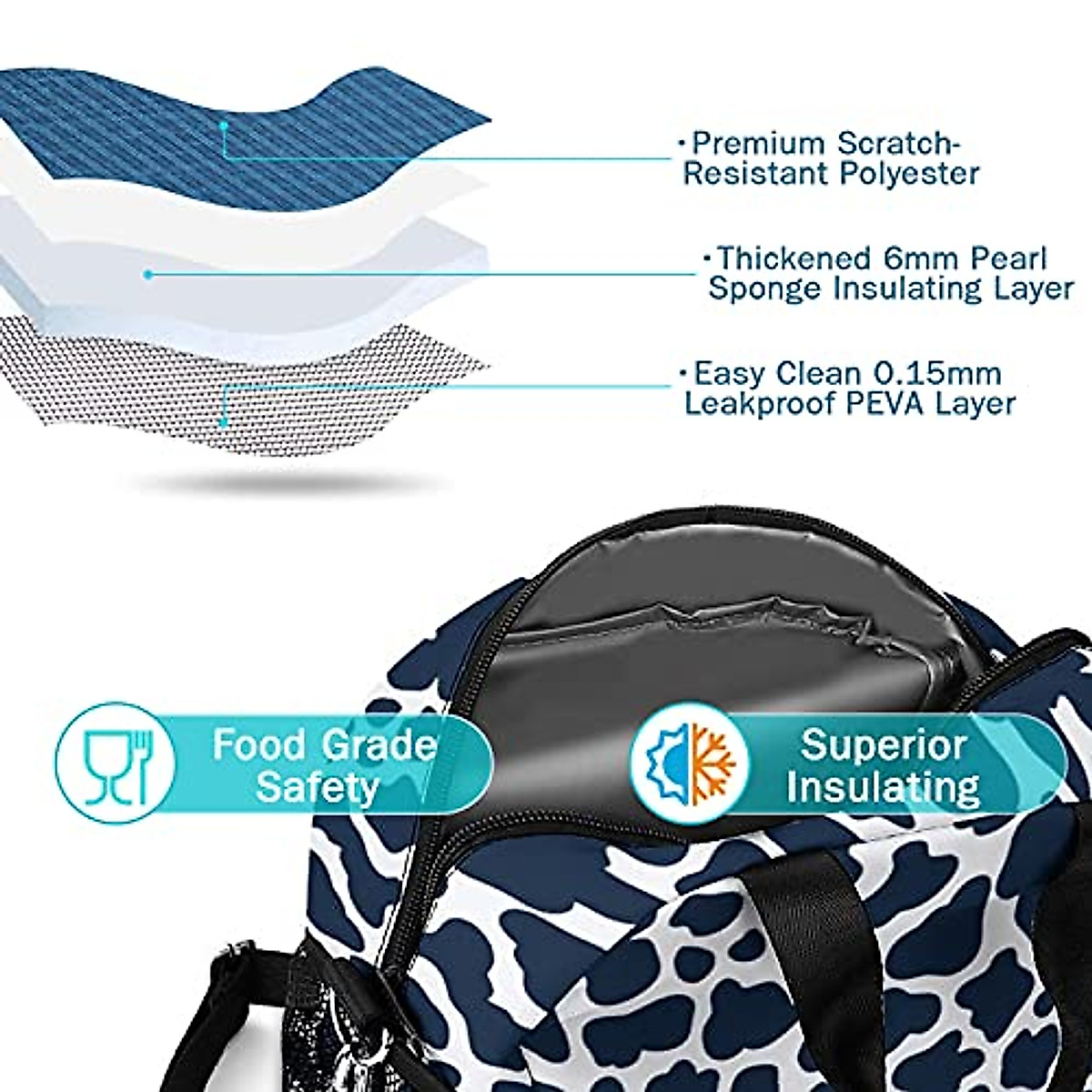 Kids Lunch Bag, Insulated Leakproof Lunch Box Containers Resuable Cooler Lunch Tote Bag with Detachable Adjustable Shoulder Strap & Side Pockets for Teen Girls Boys School Travel Picnic in Cute Cow