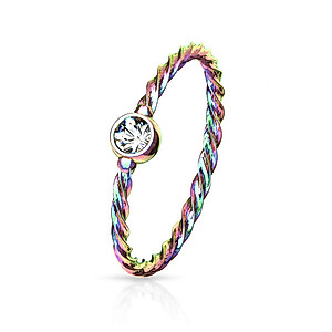 Amelia Fashion 20 Gauge Bendable Crystal Set Twisted Rope Hoop Nose Ring 316L Surgical Steel (Choose Color) (Rainbow/Clear)