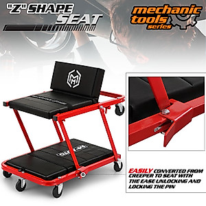M-AUTO Heavy-Duty Convertible Mechanic Creeper, Z-Creeper 2-in-1 Creeper and Seat 48" Padded Adjustable Headrest Roller Garage Chair with 7 Swivel Casters for Washing, Detailing, Maintenance, Red