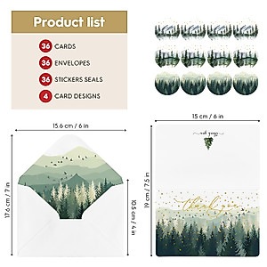 Artoid Mode 36 Pack Mountain Tree Forest Thank You Cards Golden Polka Dot Greeting Cards Gift With Envelope Sticker Blank Note Cards for Birthday Wedding Baby Shower Bridal Shower, 4 x 6 Inch