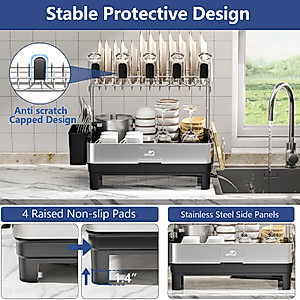 Gxpxlx 2 Tier Dish Drying Rack, 304 Stainless Steel Drying Dishwashing Rack with 360° Rotating Spout, Auto-Drain Dish Drainers with Drainboard, Utensil Holder, Large Dishrack for Kitchen Counter