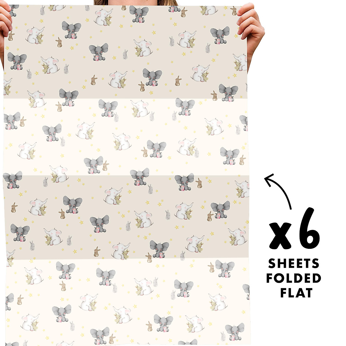 CENTRAL 23 - Elephants and Bunnies Wrapping Paper - 6 Sheet for Gift Wrap for Babies - Baby Shower - Christening - Baptism - Stars - Rabbit - Bunny - Made in the UK