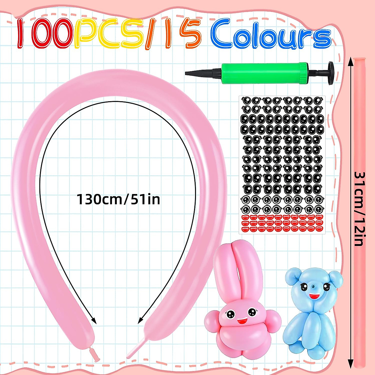 100 Pack 260 Long Balloons Twisting Animal Rainbow Balloons Kit with Pump Thickening Latex Modeling Long Skinny Clown Balloons for Balloon Animals Shape Birthday Weddings Party Decoration Ballon Arch