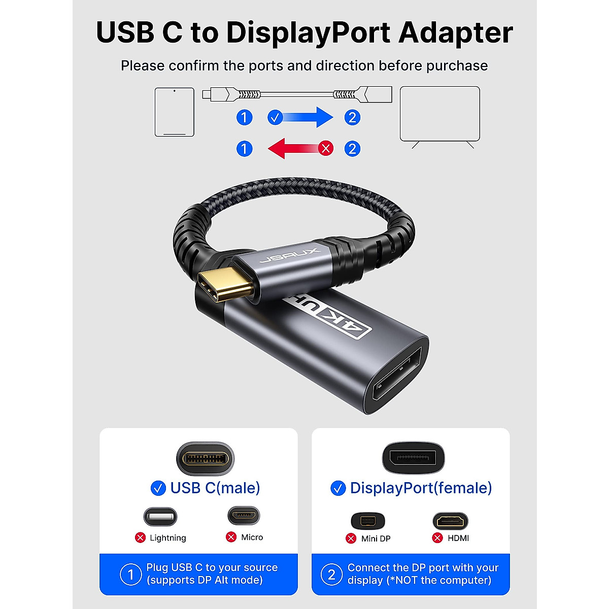 JSAUX USB C to DisplayPort Adapter 4K@60Hz, Type C to Display Port Cable Adapter Compatible with iPhone 15 Pro Max, MacBook Pro 2019 2018, Surface Book, Dell XPS, Samsung Galaxy S24 S23 Note 20-Grey