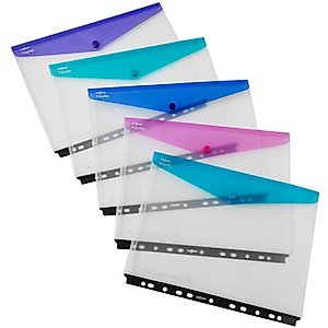 Snopake 15694 Polyfile A4 High Capacity Ring Binder Popper Wallet Landscape Classic Clear with Electra Assorted Colour Closures, Pack of 5