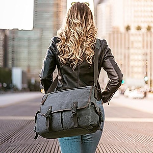 Vintage Canvas 15.6 inch Laptop Messenger Bag for Men Women, College Computer Satchel Shoulder Bag Travel Office Briefcases (Black - 2)