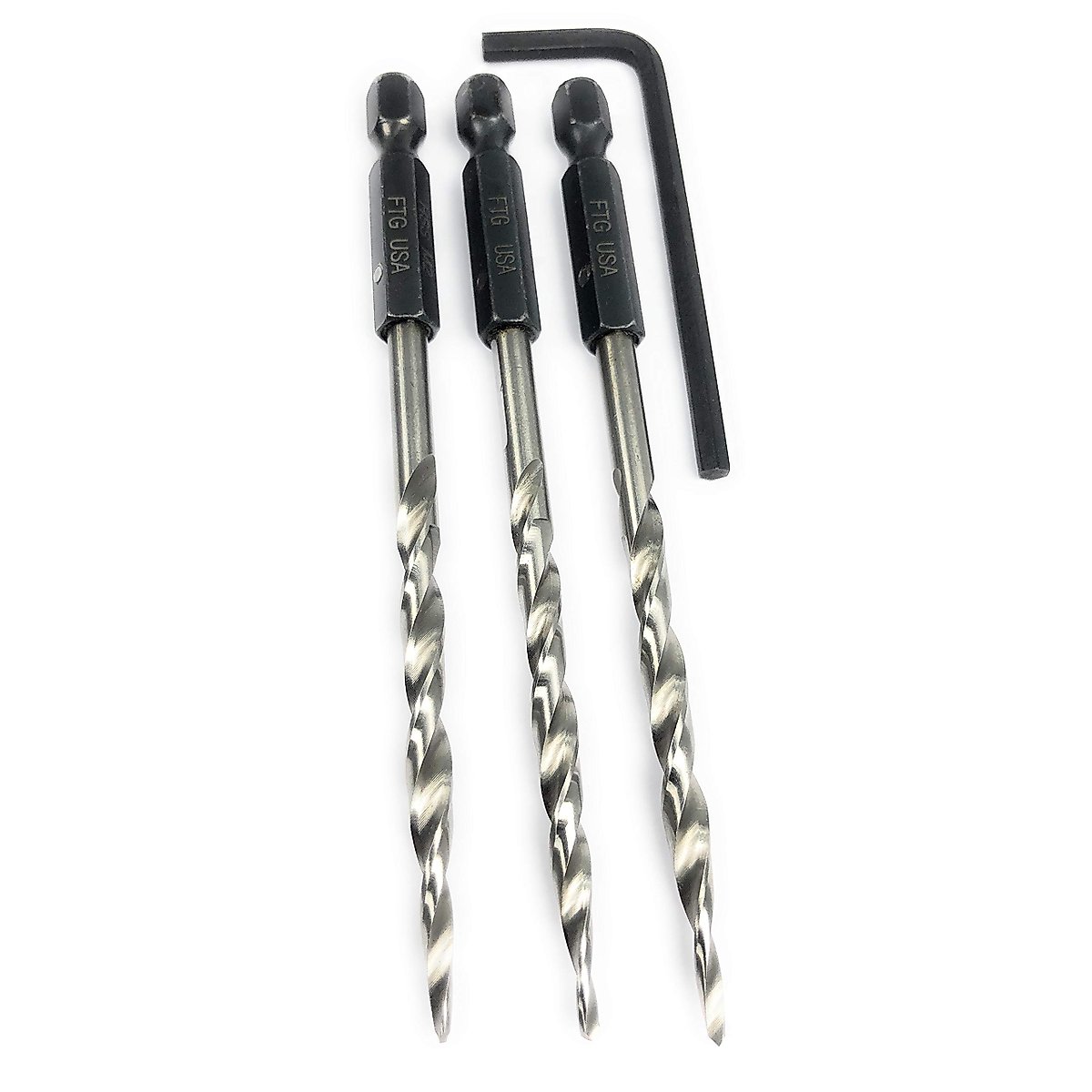 FTG USA Wood Countersink Drill Bit Set Sizes 6 8 10 12 Countersink Tapered Drill Bits, 2 Wood Plug Cutter 3/8" & 1/2" with 3 Replacement Bits #8 (11/64"), 2 Stop Collars, 1 Allen Wrench, Hex Shank
