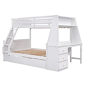 KoiHome Twin Over Full Bunk Bed with Trundle and Built-in Desk & Three Storage Drawers & Shelf, Wooden Platform Bed Frame with Slats Support for Kids,Teens Bedroom, No Box Spring Needed, White