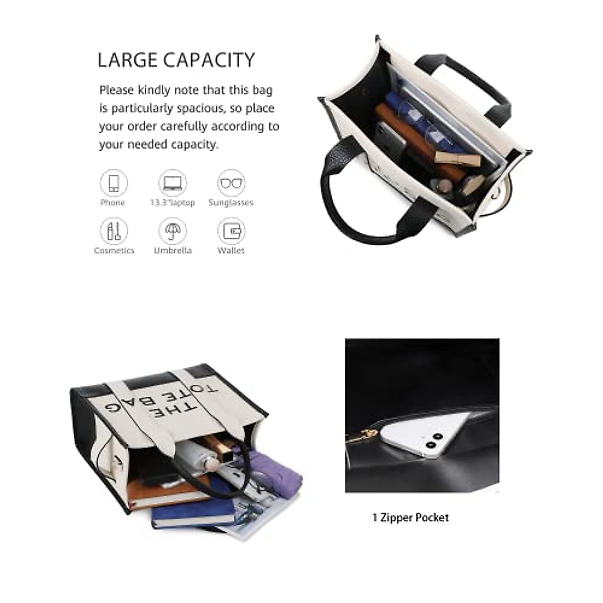 NEGBIU Tote Bag for Women, Large Leather Tote Bag, Shoulder, Crossbody or HandBag for Work, Travel (10.6X13X6.3in)