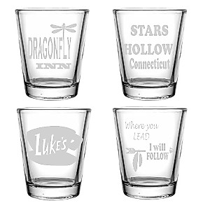 Brindle Southern Farms Gilmore Inspired Girls Shot Glass Set of Four: Stars Hollow, Luke's Diner, Where You Lead I Will Follow, Dragonfly Inn Gilmore Engraved 1.5 Ounce Shot Glasses