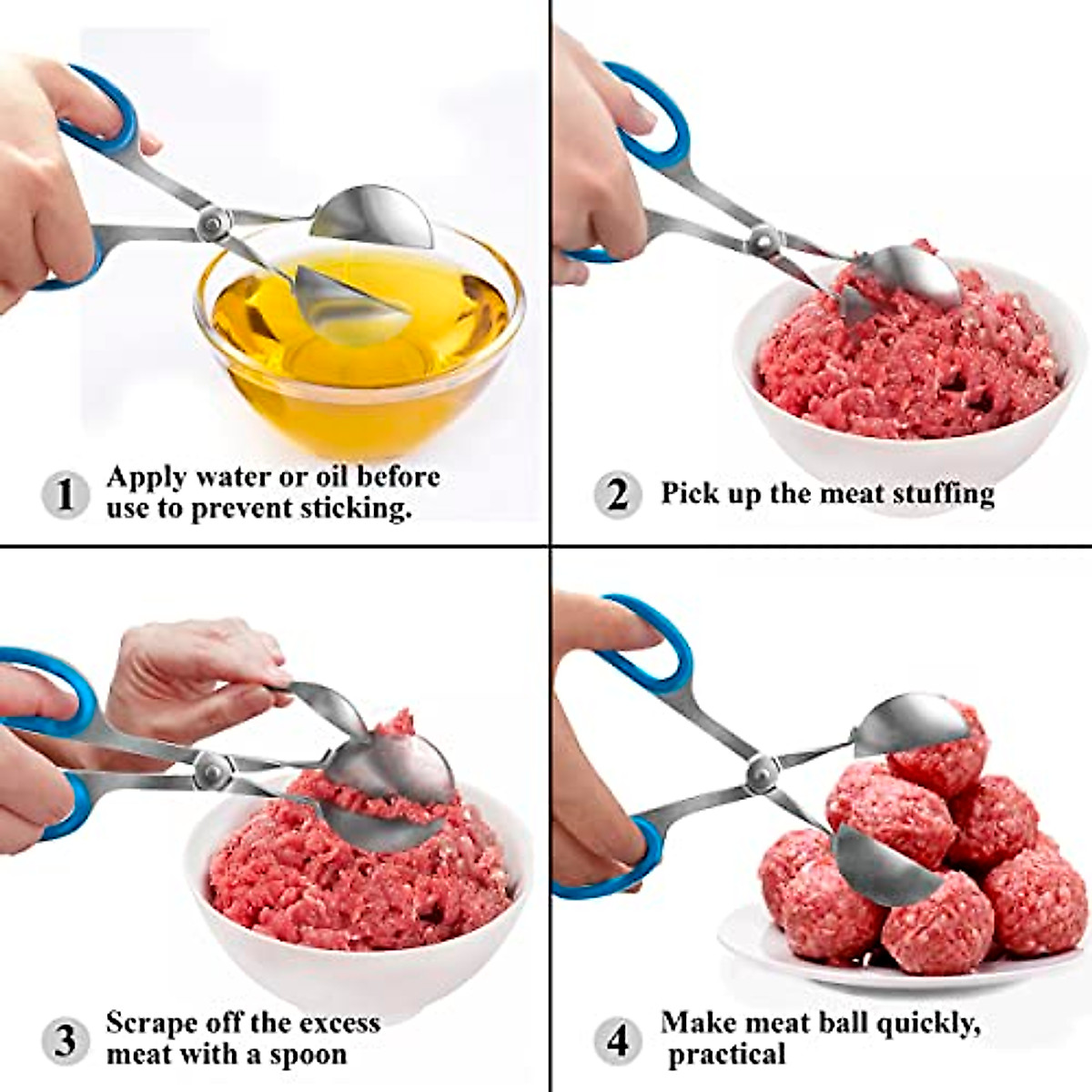 SANDEU Meatball Maker tongs 2 PCS None-Stick Meatball Maker with Detachable Anti-Slip Handles, Stainless Steel Meat Baller Scoops, Red & Blue Rubber Handles for Kitchen