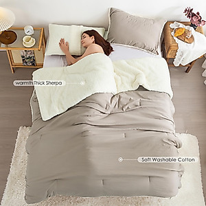 COTTEBED Fluffy Sherpa Warm Winter Comforter King Size Bed, Reversible Plush Fleece Sherpa California King Down Comforter Sets Pillow Sham, Cozy Ultra-Soft Thick Washed Cotton Bedding Set, Beige White